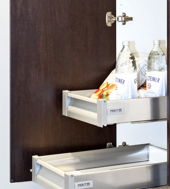 Full-extension Eurotech roll out drawers - Merit Kitchens Ltd.